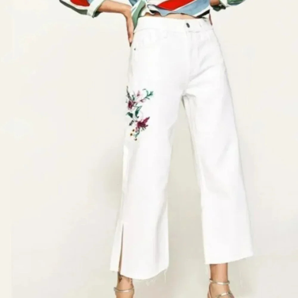 Zara Wide Leg Floral Embroidered White Denim Jeans 28… - Gem